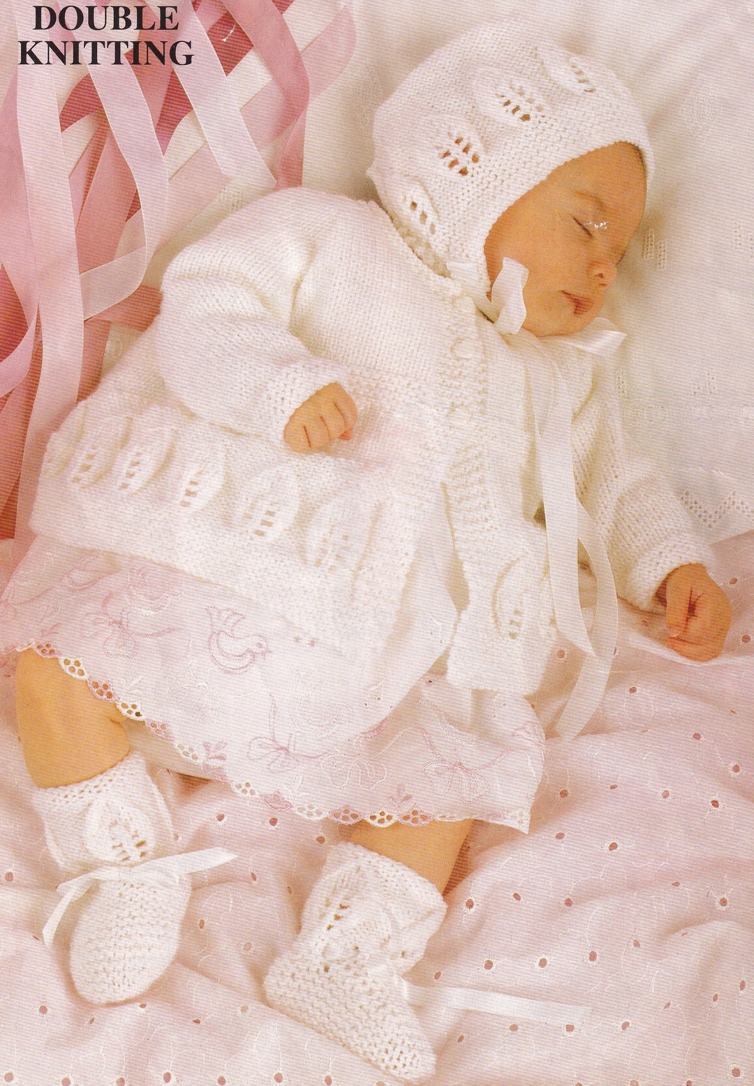Knitting Pattern for Baby Matinee Cardigan Bonnet and Booties With Leaf ...