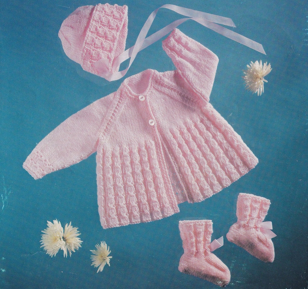 Vintage Knitting Pattern for Baby Girls Matinee Coat Booties and Bonnet ...
