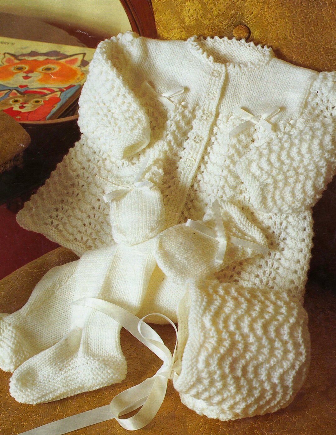 4 Ply Baby Cardigan Bonnet Mittens and Leggings Pram Set Vintage ...
