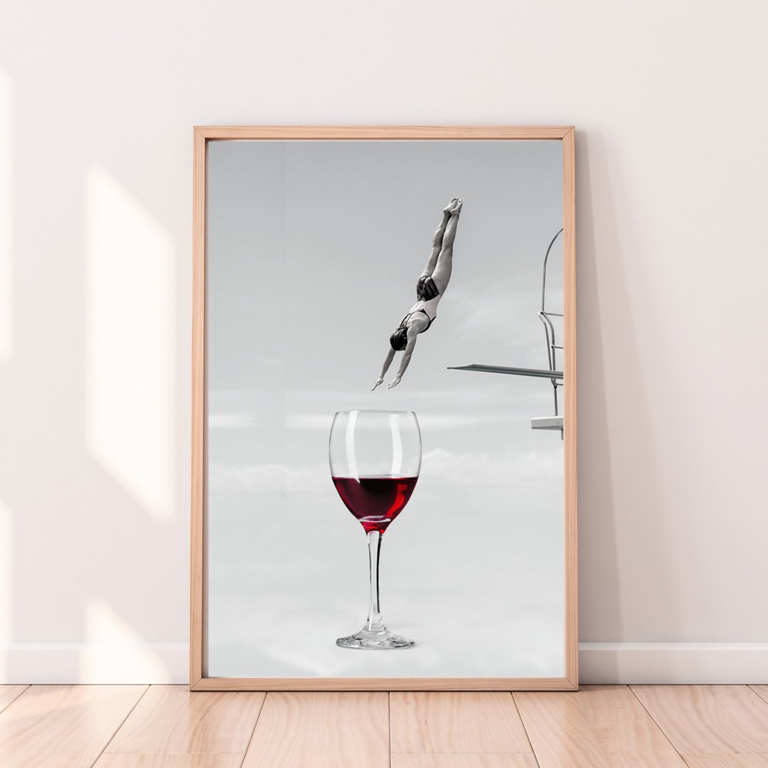 Bar Cart Art Poster - Diving Into a Glass of Wine - Etsy