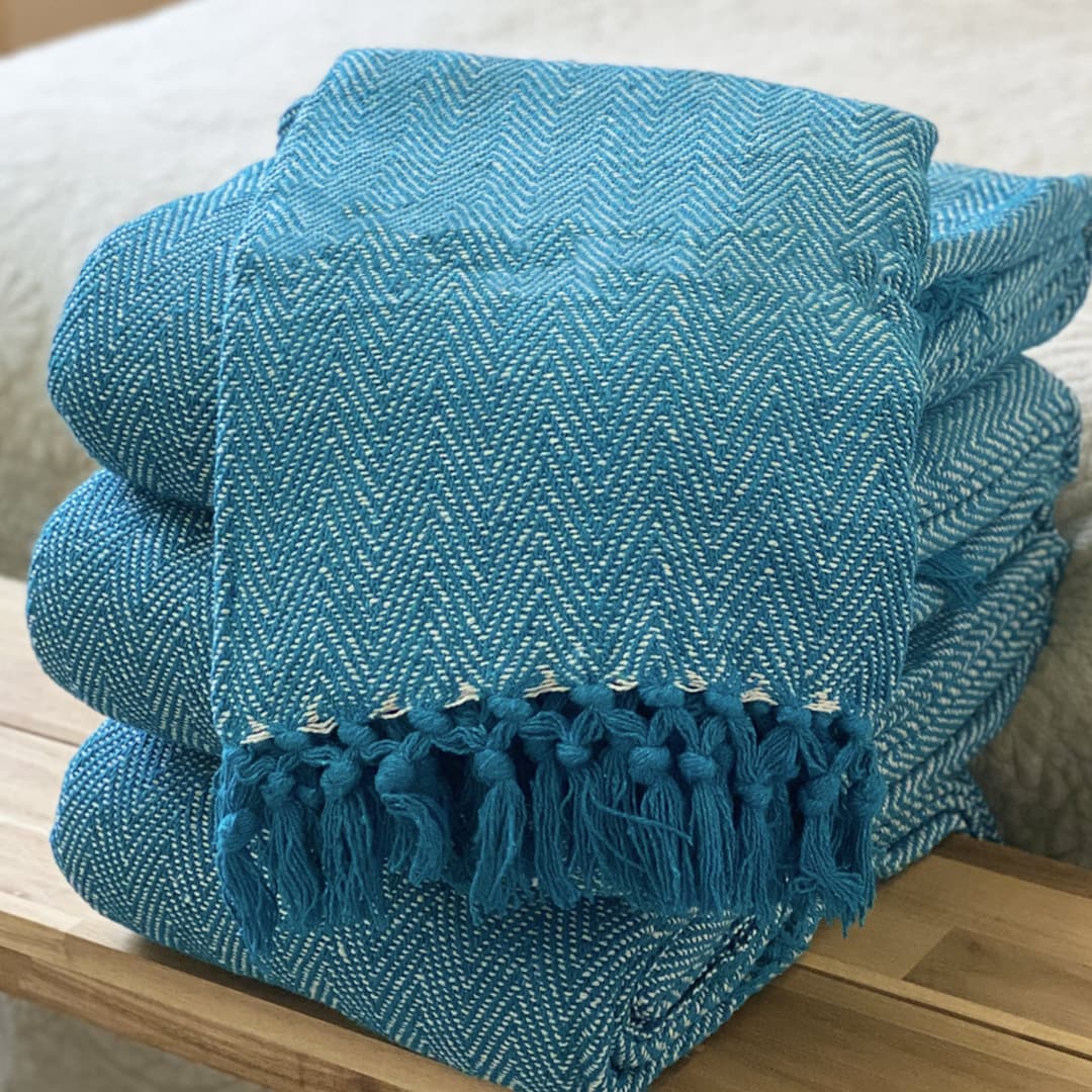 Luxury Woven 100% Cotton Teal Petrol Blue Tweed Herringbone Sofa/bed ...