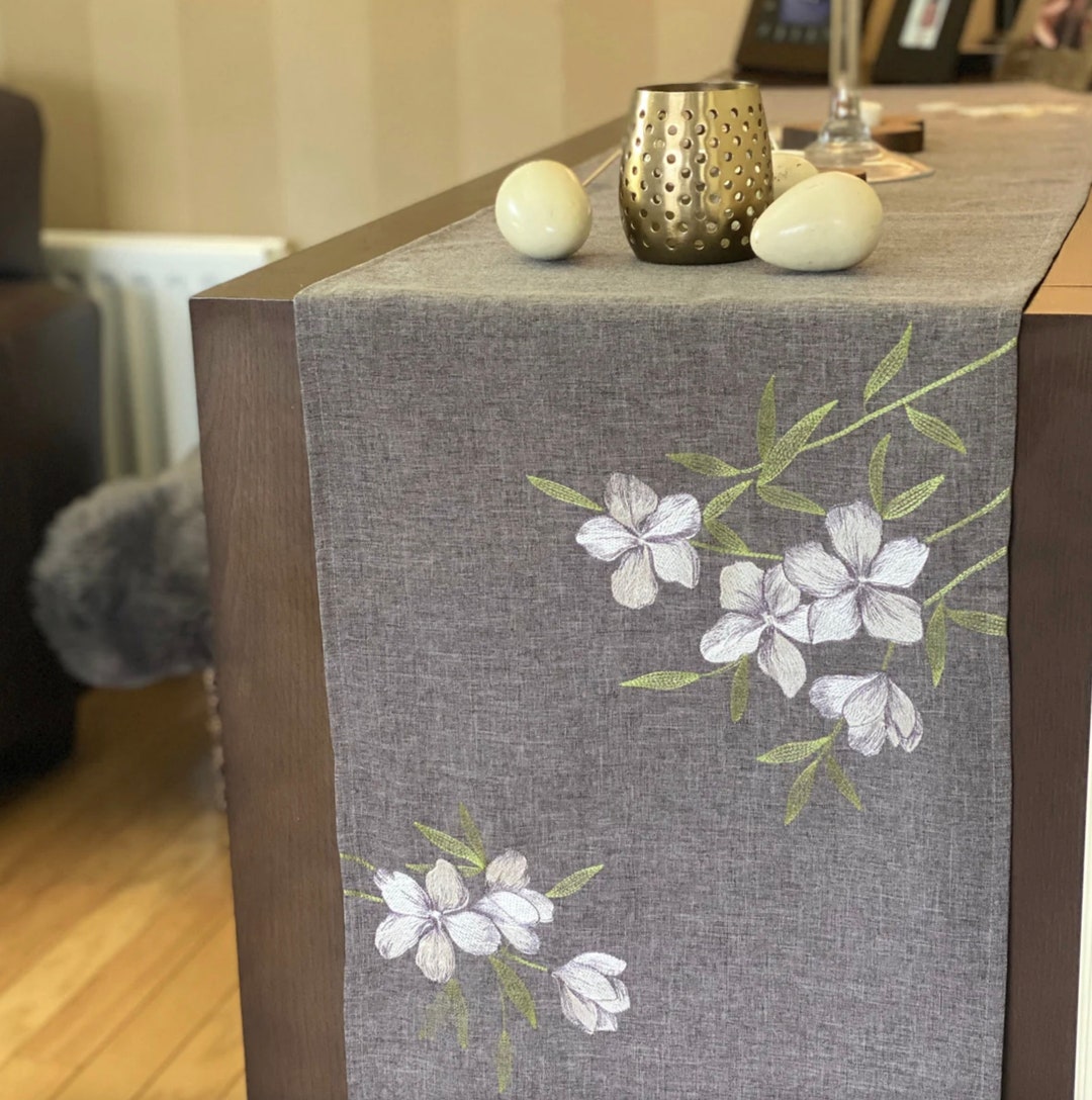Embroidered Jasmine Flower Table Runner: Charcoal Grey Faux Linen - Etsy