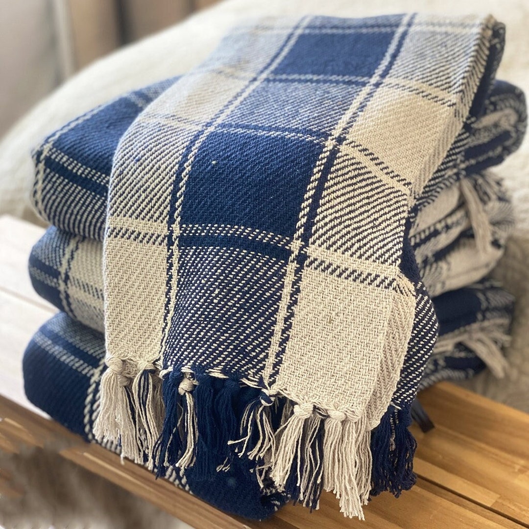 Woven Luxury 100% Cotton Deep Navy Blue / Natural Tartan Checked Large ...