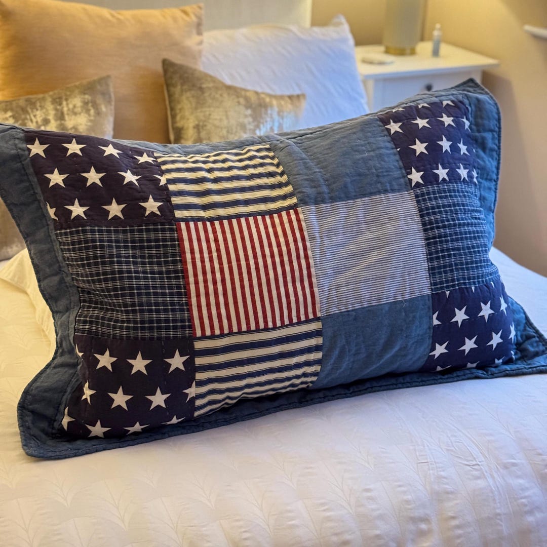 Beautiful Cotton Denim Blue Patchwork Quilted Pillowcase, American Flag ...