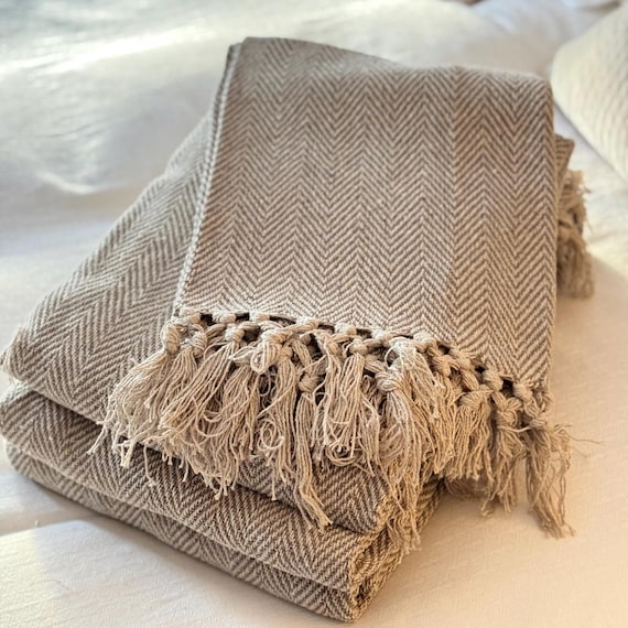 Luxury Woven 100 Cotton Neutral Beige Tweed Herringbone Sofa bed Blanket Throw Extra Large Soft Machine Washable Fringed Etsy UK
