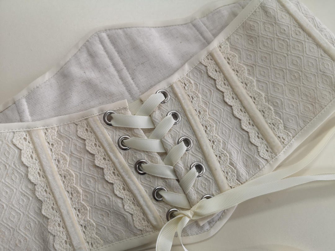 Underbust Corset Belt With Natural Lace, Linen Ivory Custom Made Corset ...
