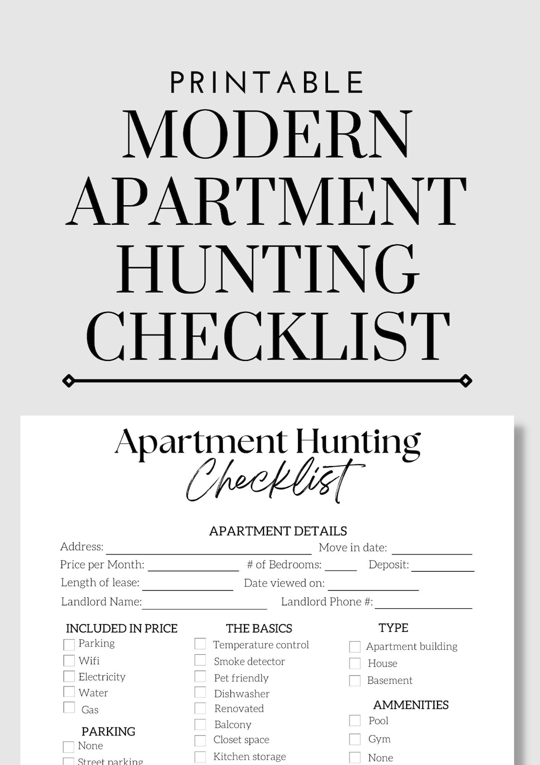 Modern Apartment Hunting Checklist - (PDF) Printable - Instant Download ...