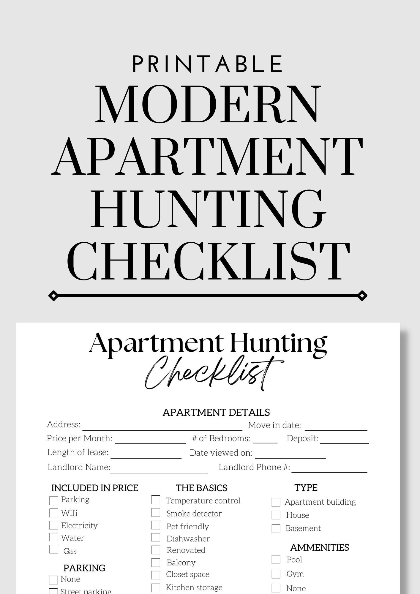 Modern Apartment Hunting Checklist PDF Printable Instant Download - Etsy