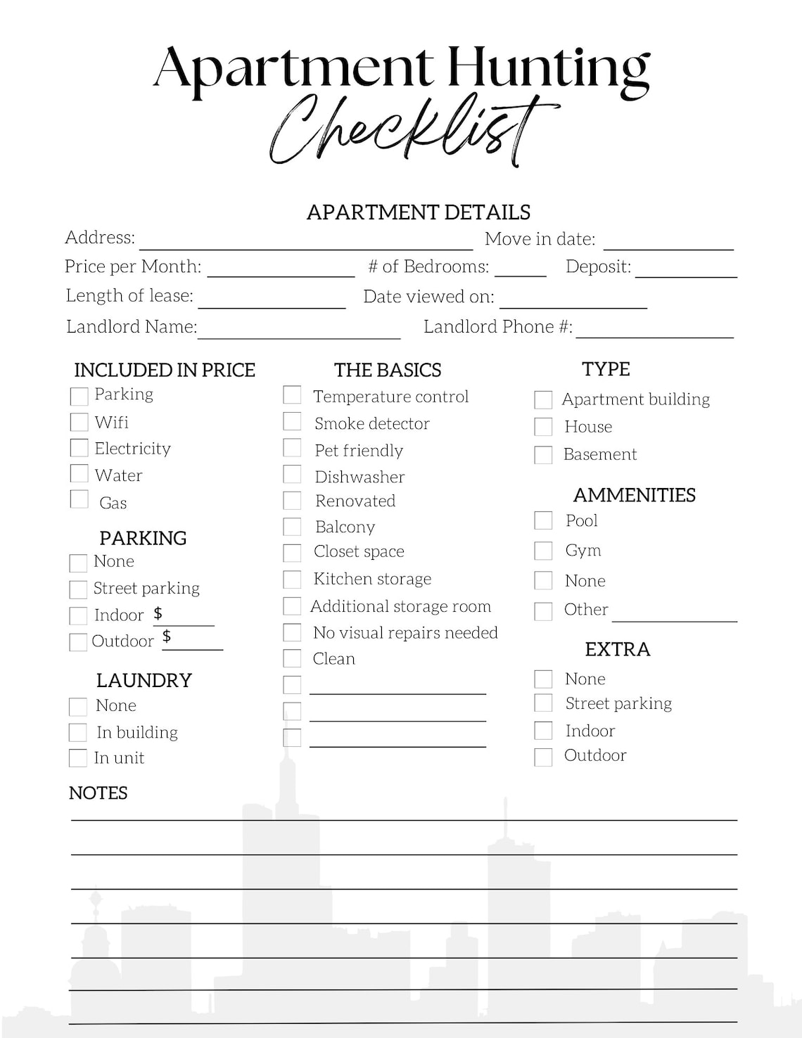 Modern Apartment Hunting Checklist - (PDF) Printable - Instant Download ...