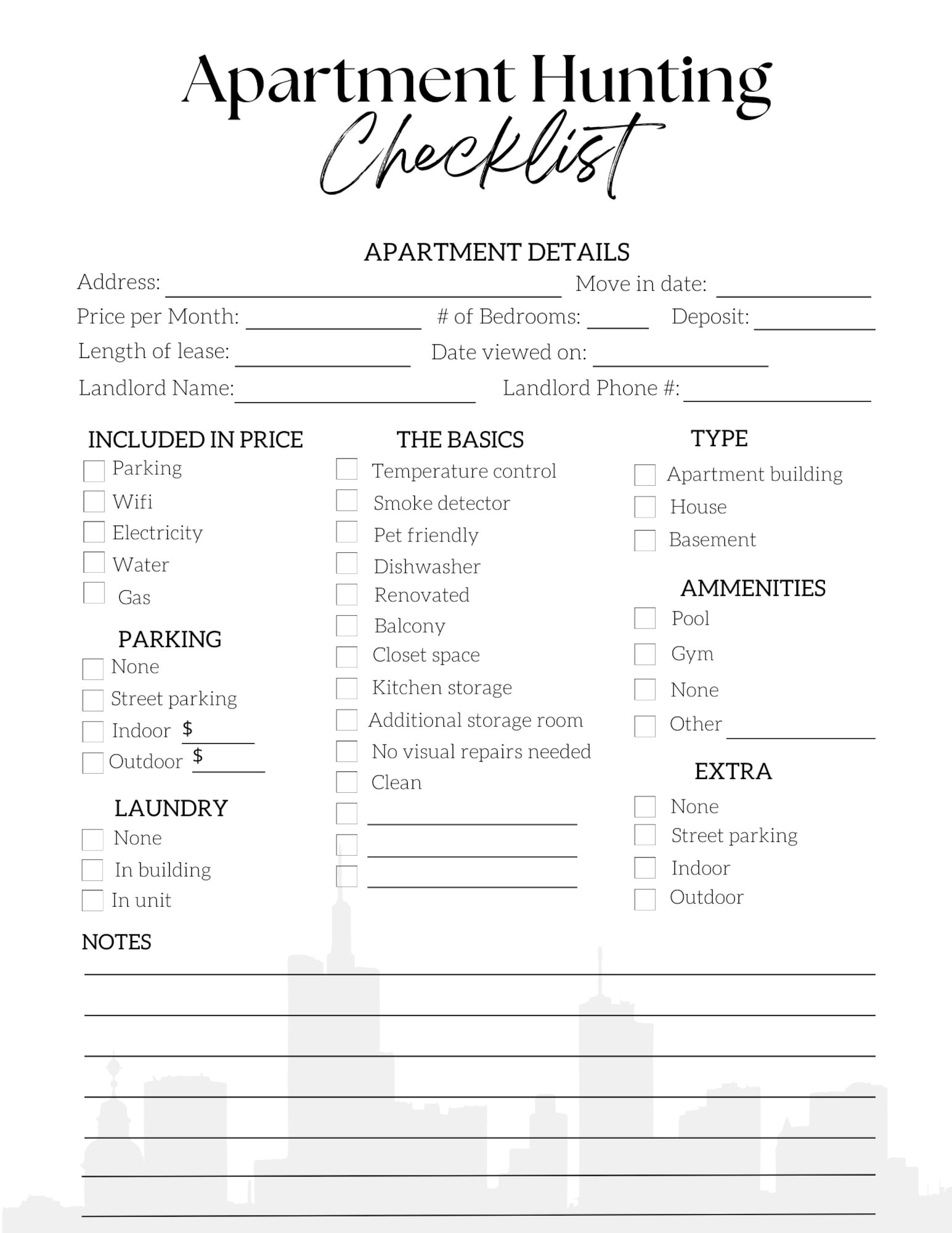 Modern Apartment Hunting Checklist - (PDF) Printable - Instant Download ...