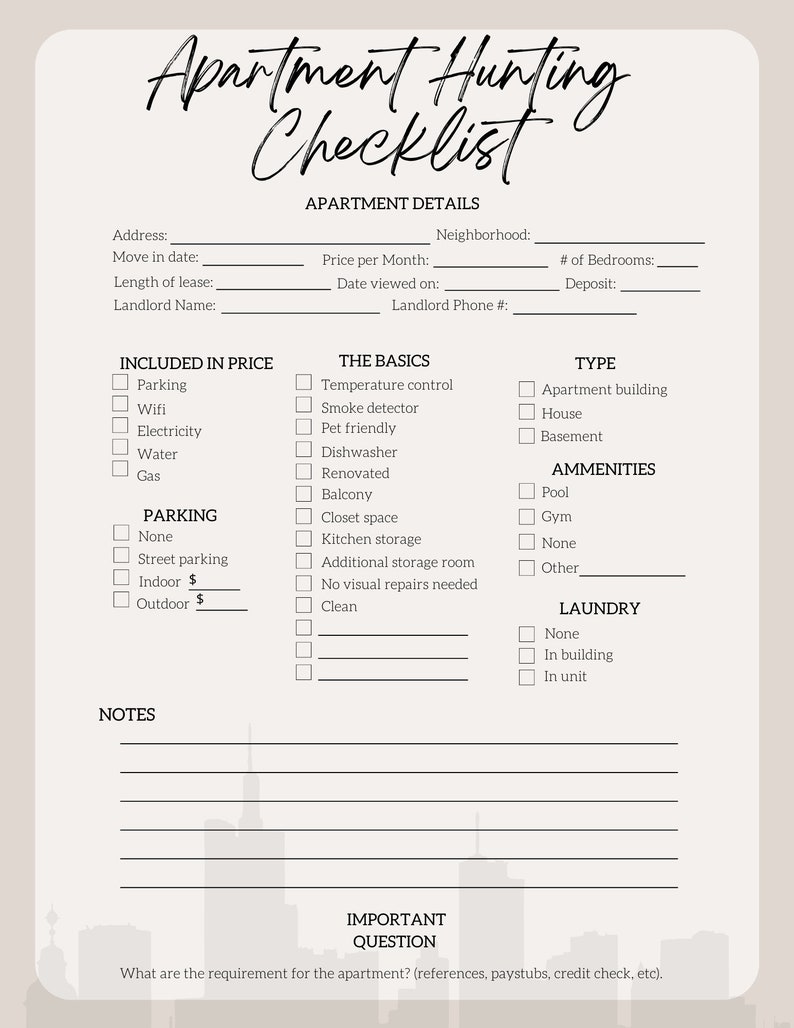 Apartment Hunting Checklist - Neutral- (PDF) Printable - Instant ...