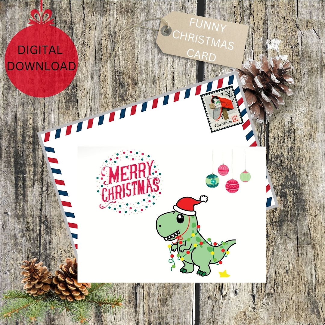 Dinosaur Christmas Card Novelty Christmas Cards Digital Downloads ...