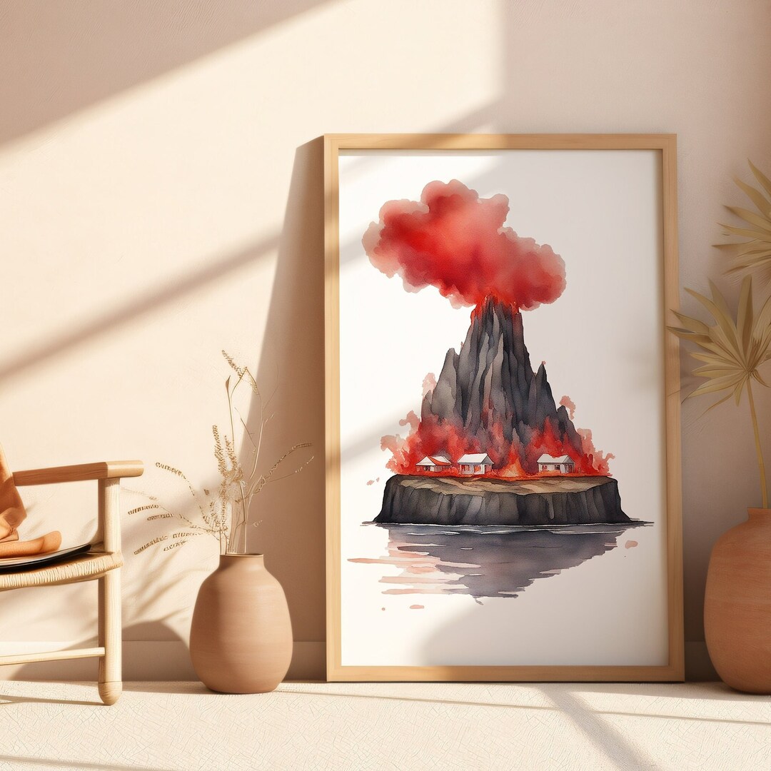 Volcano Eruption Printable Wall Art Watercolor Japanese Landscape ...