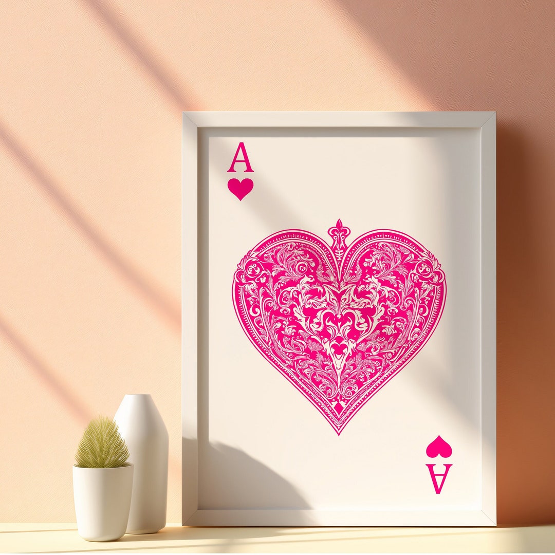 Pink Ace of Hearts Playing Card Digital Print Modern Wall Decor for ...