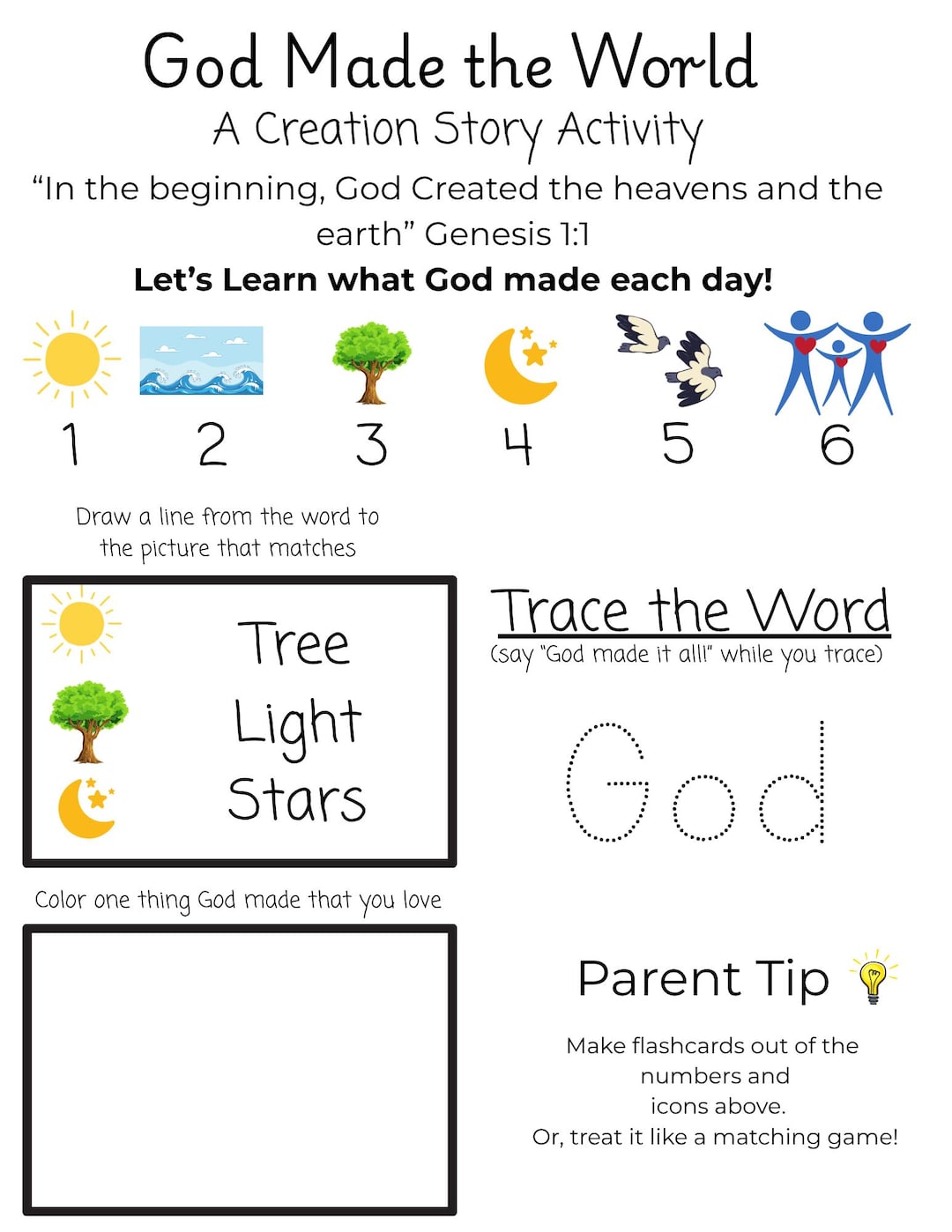 Preschool & Kindergarten Bible Worksheet | Creation Story Activity ...