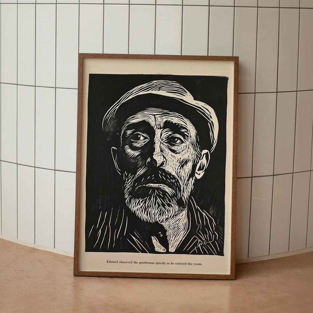 Linocut Portrait Print – Edward, Vintage Book Illustration Style Wall ...