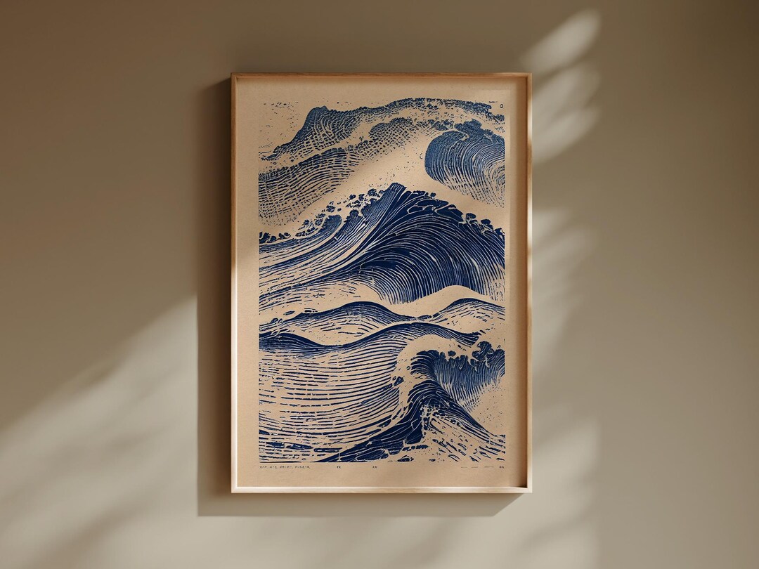 Linocut Japanese Wave Print – Japandi Art Poster, Modern Minimalist ...