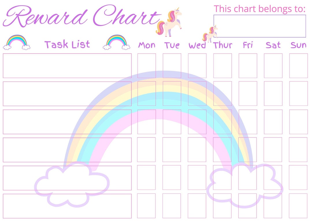 Rainbow Unicorn Reward Chart, Task Chart for Children, Reward Chart for ...