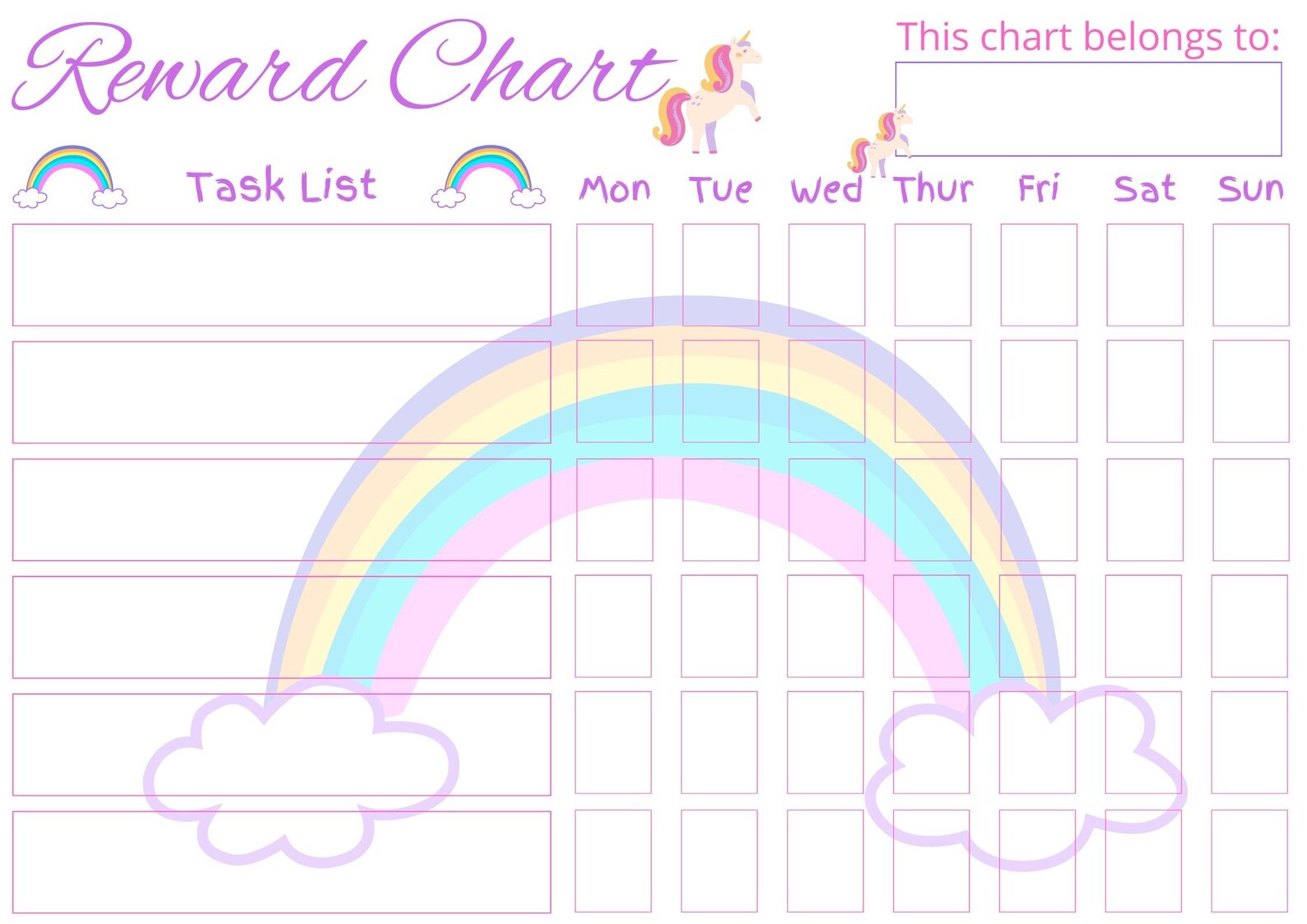 Rainbow Unicorn Reward Chart, Task Chart for Children, Reward Chart for ...