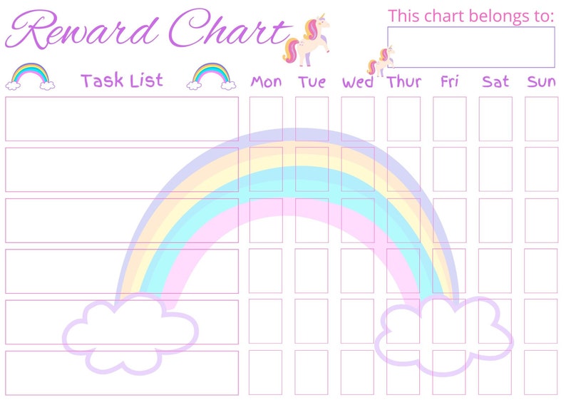 Rainbow Unicorn Reward Chart, Task Chart for Children, Reward Chart for ...