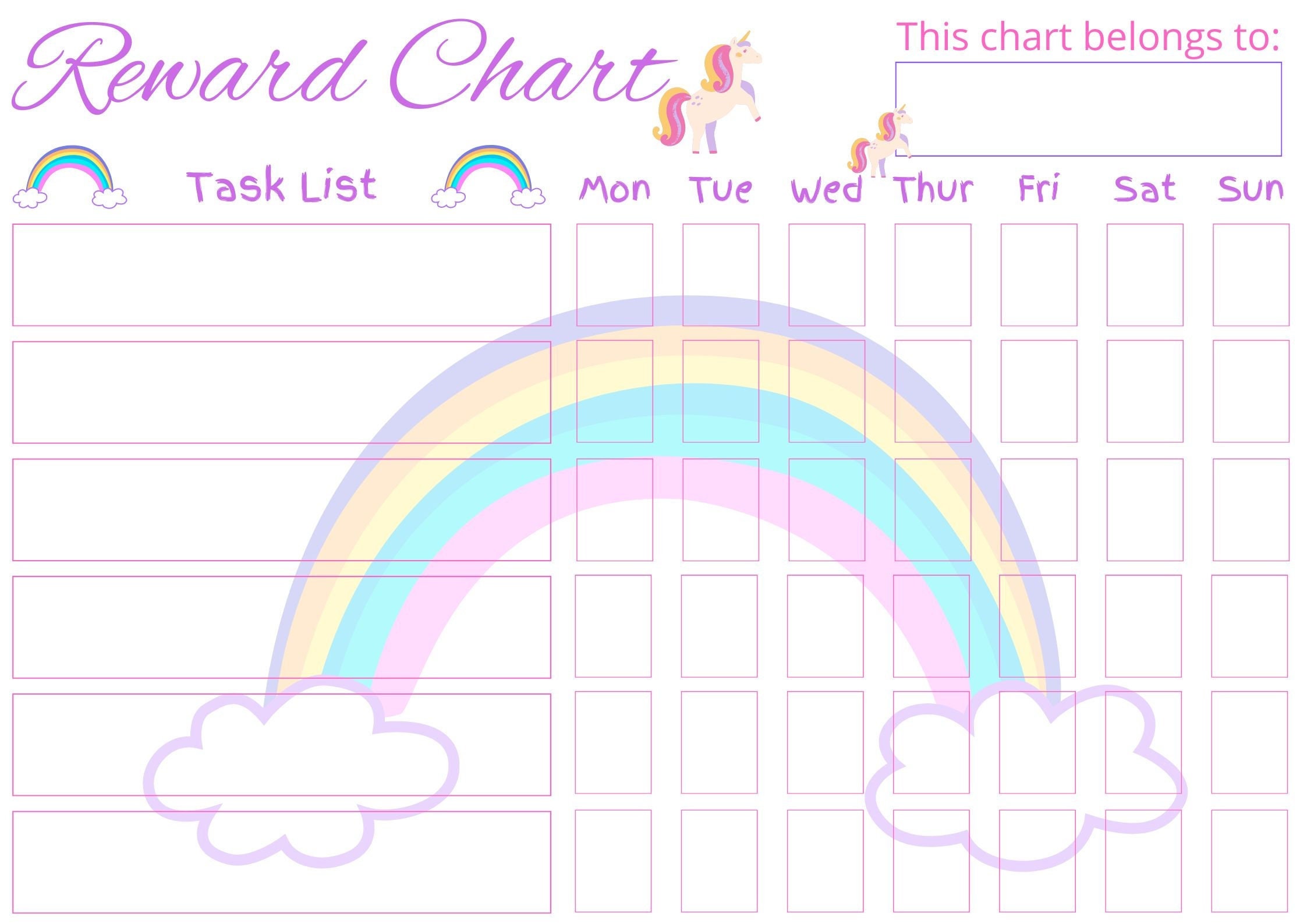 Rainbow Unicorn Reward Chart, Task Chart for Children, Reward Chart for ...