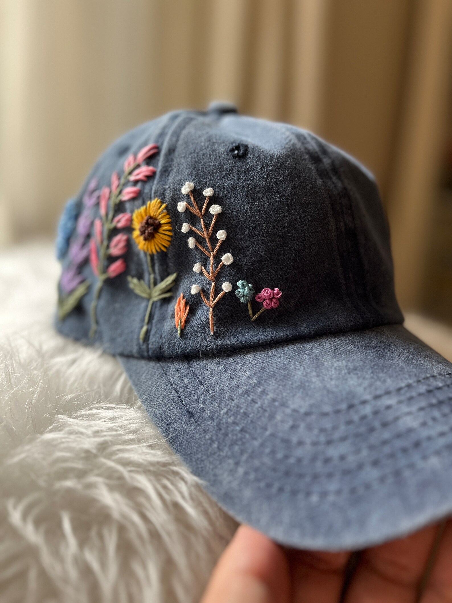 Hand Embroidered Cap, Vintage Embroidery Baseball Hat, Floral ...