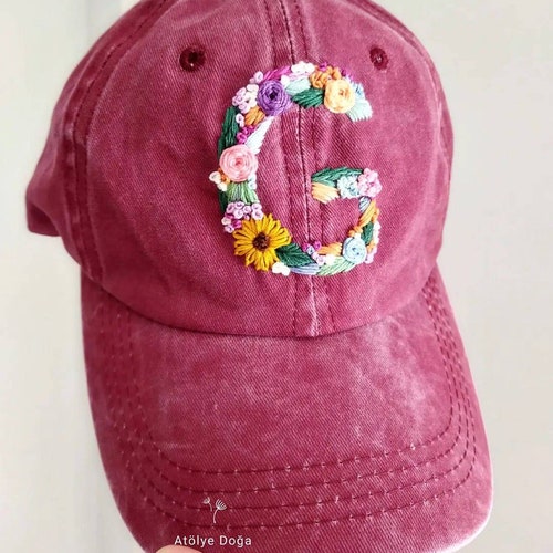 Hand Embroidered Letter Hat Custom Monogram Cap floral - Etsy