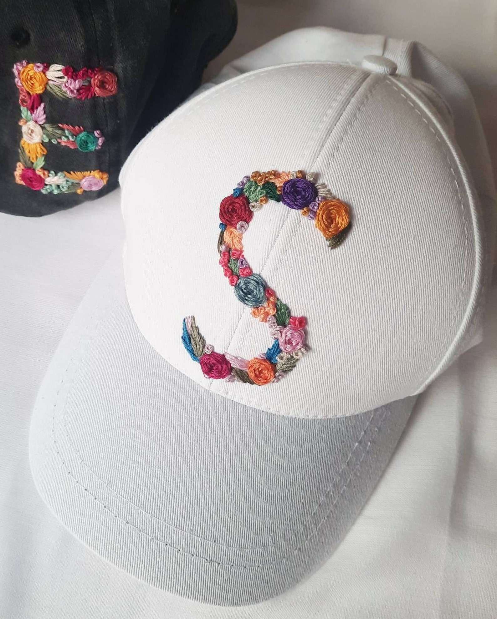 Hand Embroidered Letter Hat Custom Monogram Cap floral - Etsy