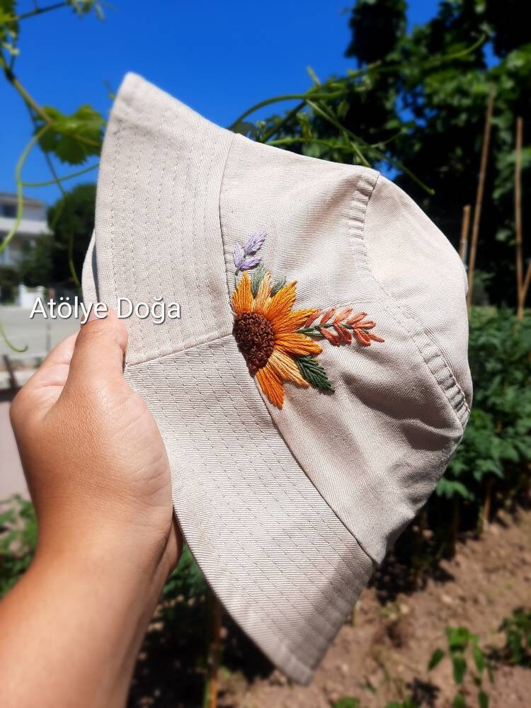 Sunflower Embroidered Bucket Hat, Hand Embroidery Hat, Personalized Floral Hat, Mothers Day Gift ...