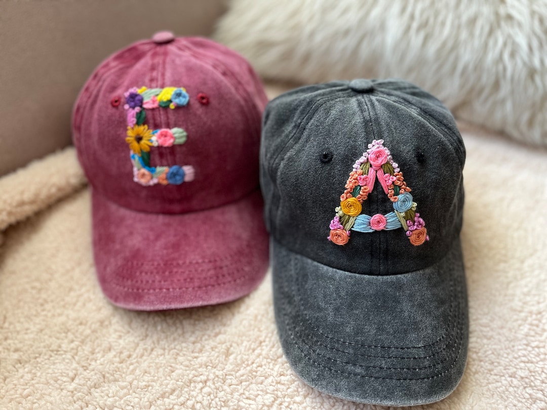 Hand Embroidered Letter Hat , Custom Monogram Cap ,floral Letter Hat ...
