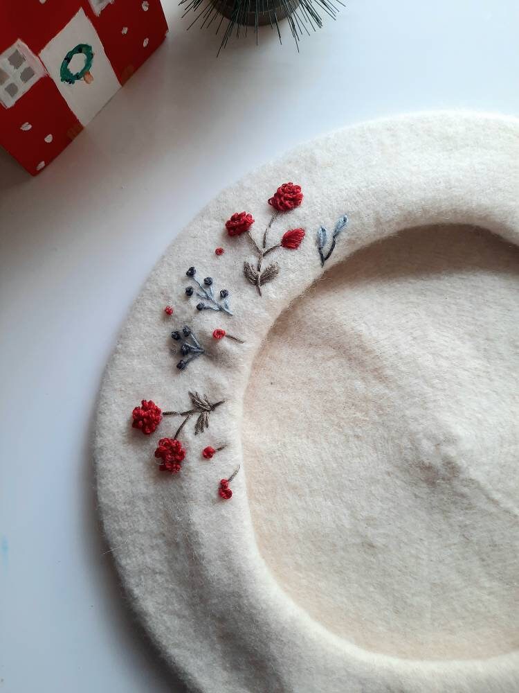 Hand Embroidered Wool Beret, French Hat,winter Cap Warm Beret,vintage ...