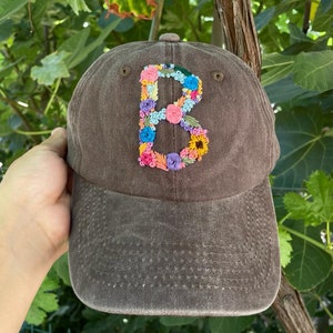 Hand Embroidered Letter Hat , Custom Monogram Cap ,floral Letter Hat ...