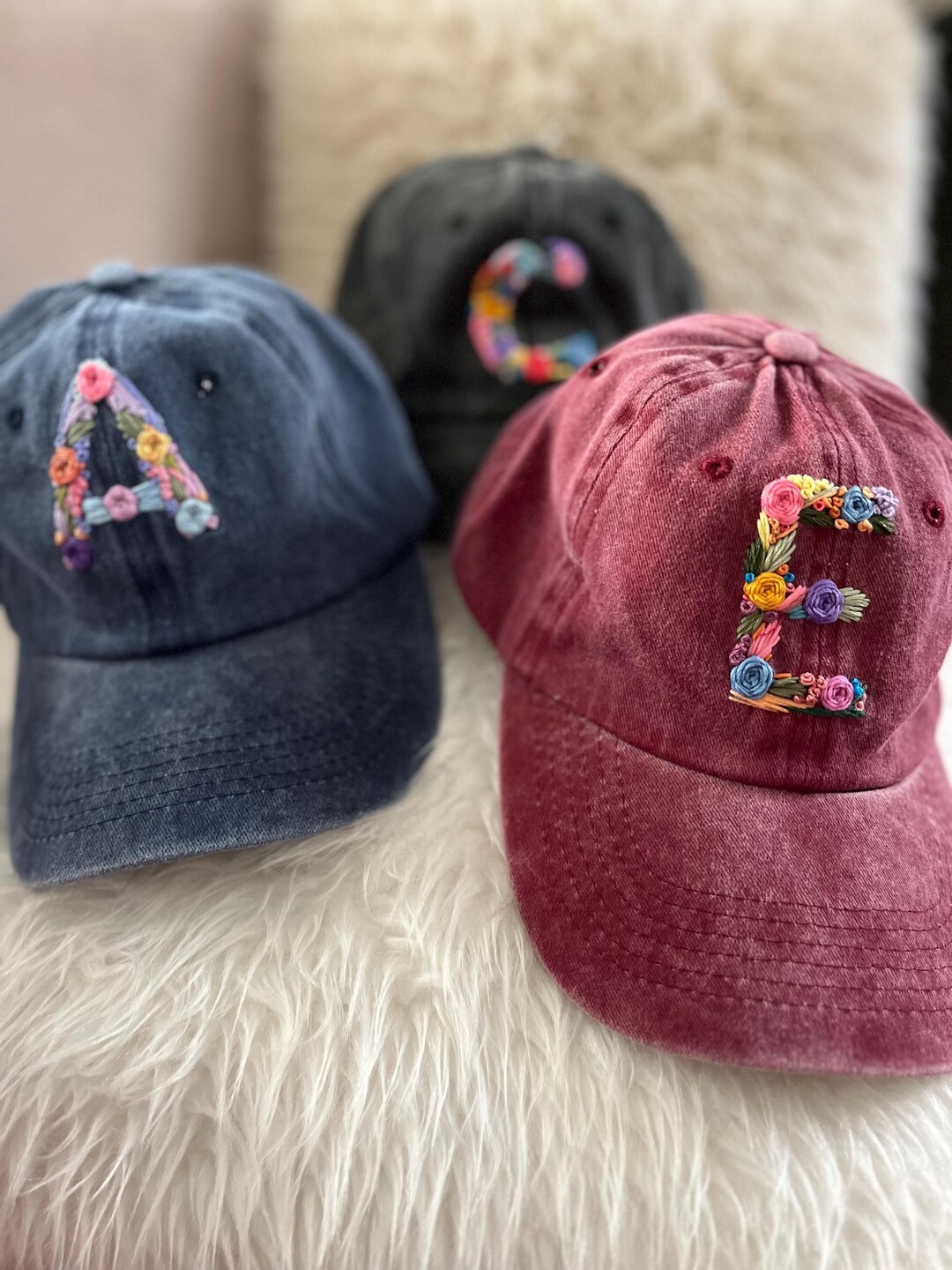 Hand Embroidered Letter Hat , Custom Monogram Cap ,floral Letter Hat ...