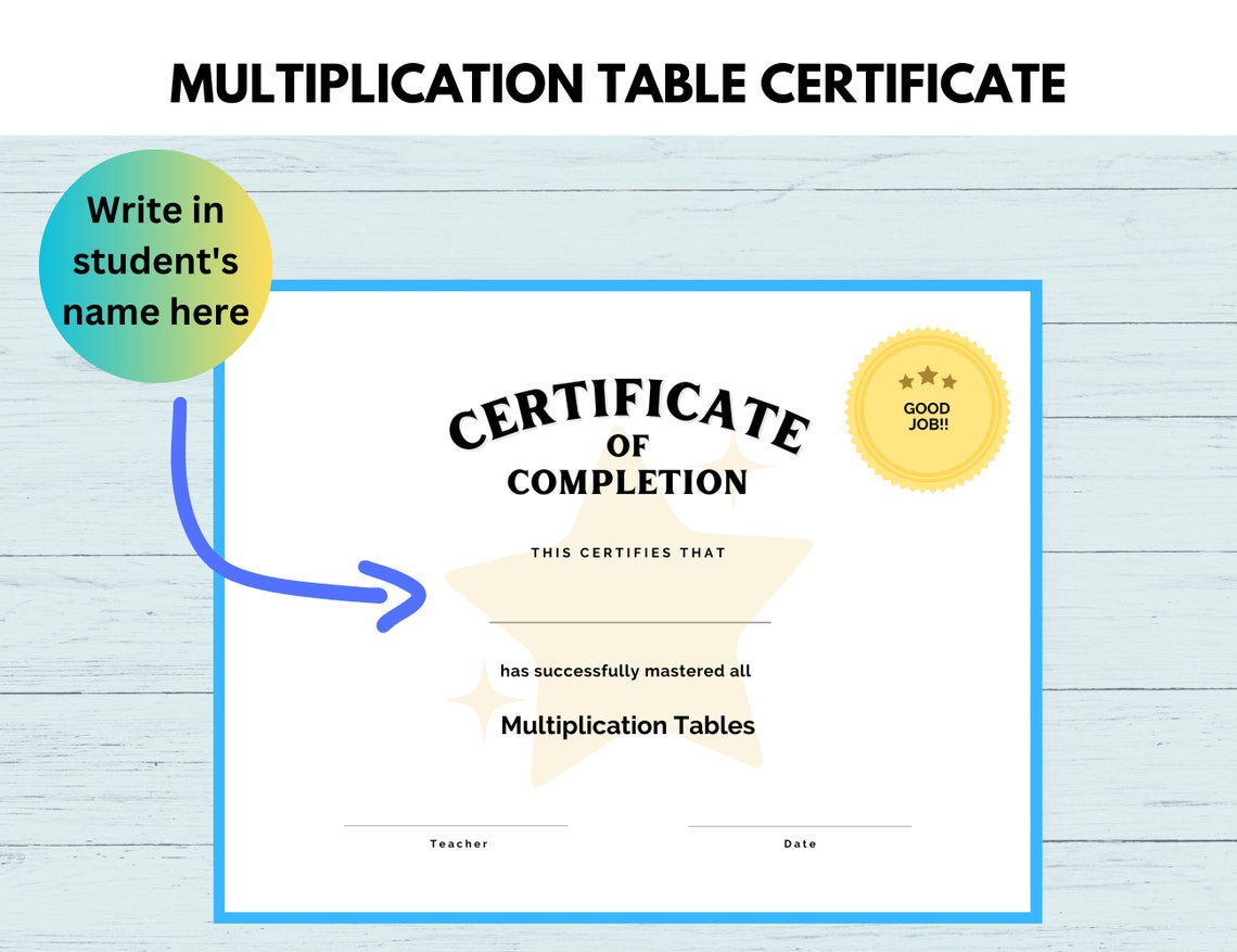 Multiplication Table Certificate, School Certificate, Math Award ...