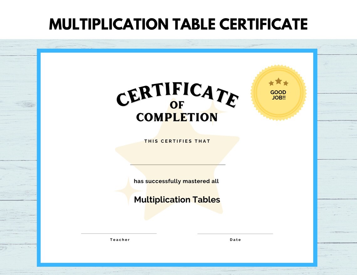 Multiplication Table Certificate, School Certificate, Math Award ...