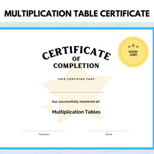 Multiplication Table Certificate, School Certificate, Math Award ...