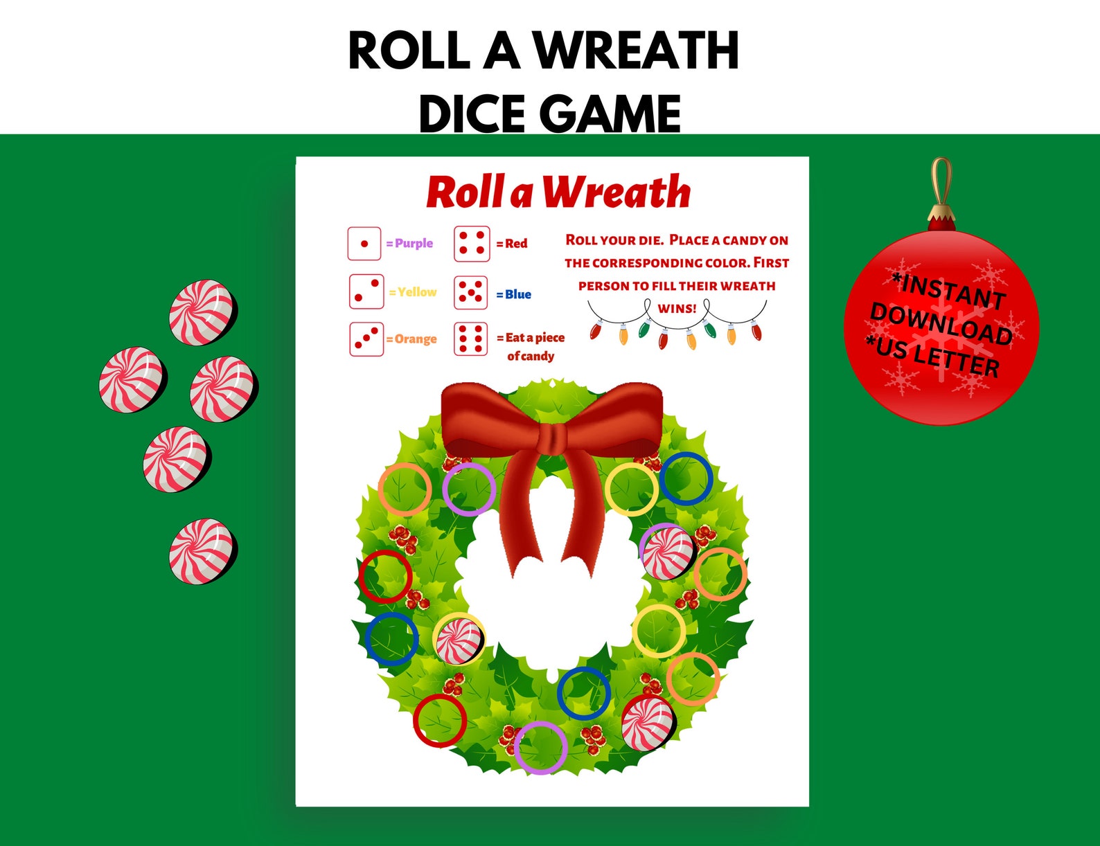 Roll a Wreath Dice Game Printable, Kids Christmas Game Printable ...