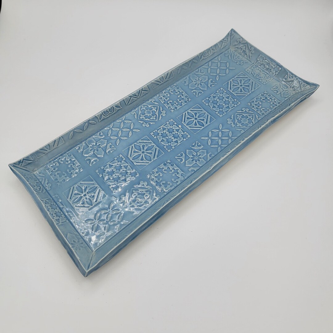 12.5” Platter/tray-stoneware Hand Built Platter- Floral Texture- Blue ...