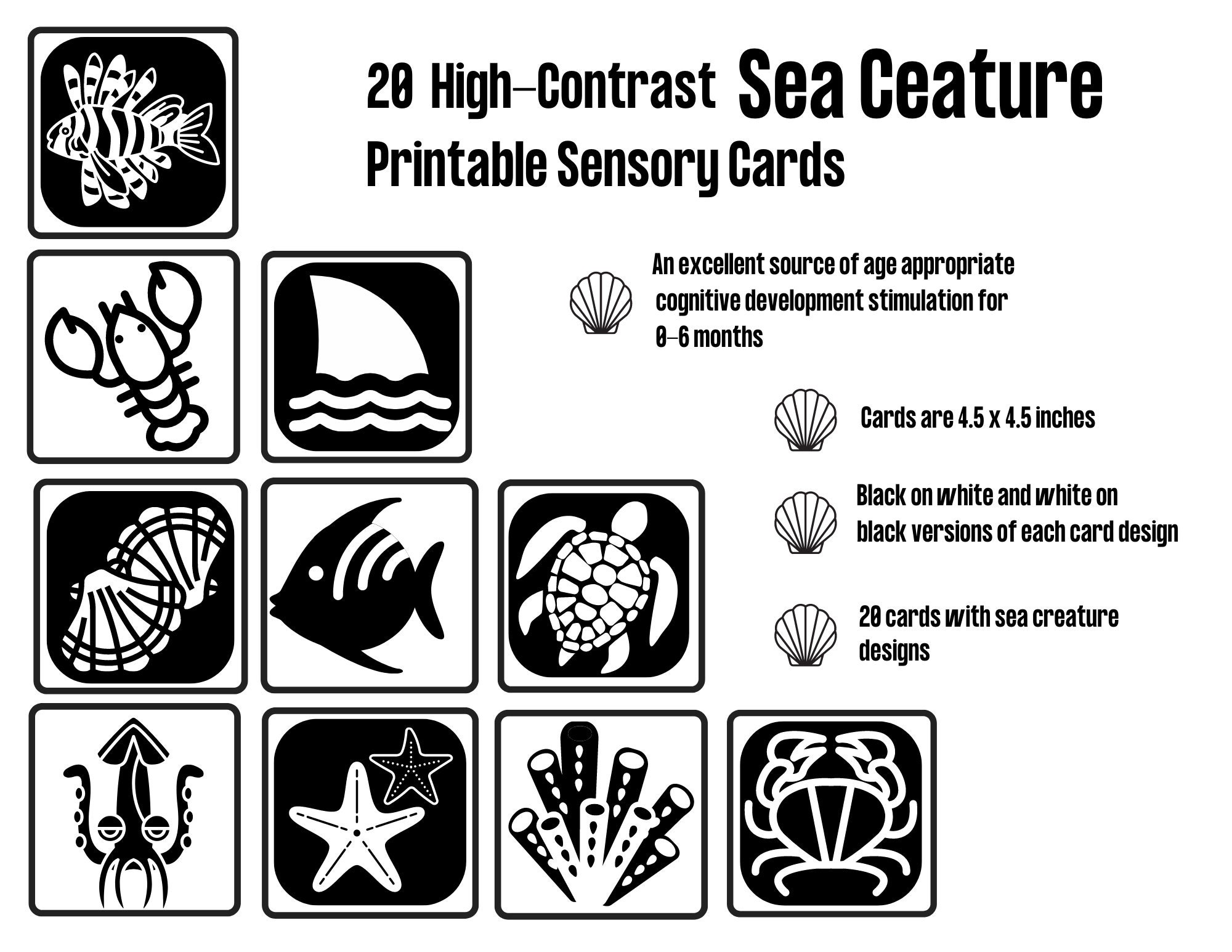 20 Printable Sea Creature High-contrast Black and White Cards - Infant ...