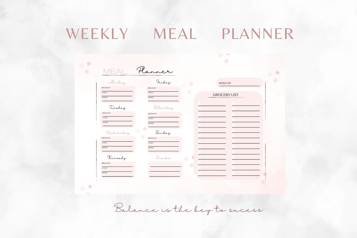 Weekly Meal Planner Printable | Grocery List | Meal Planner Template ...