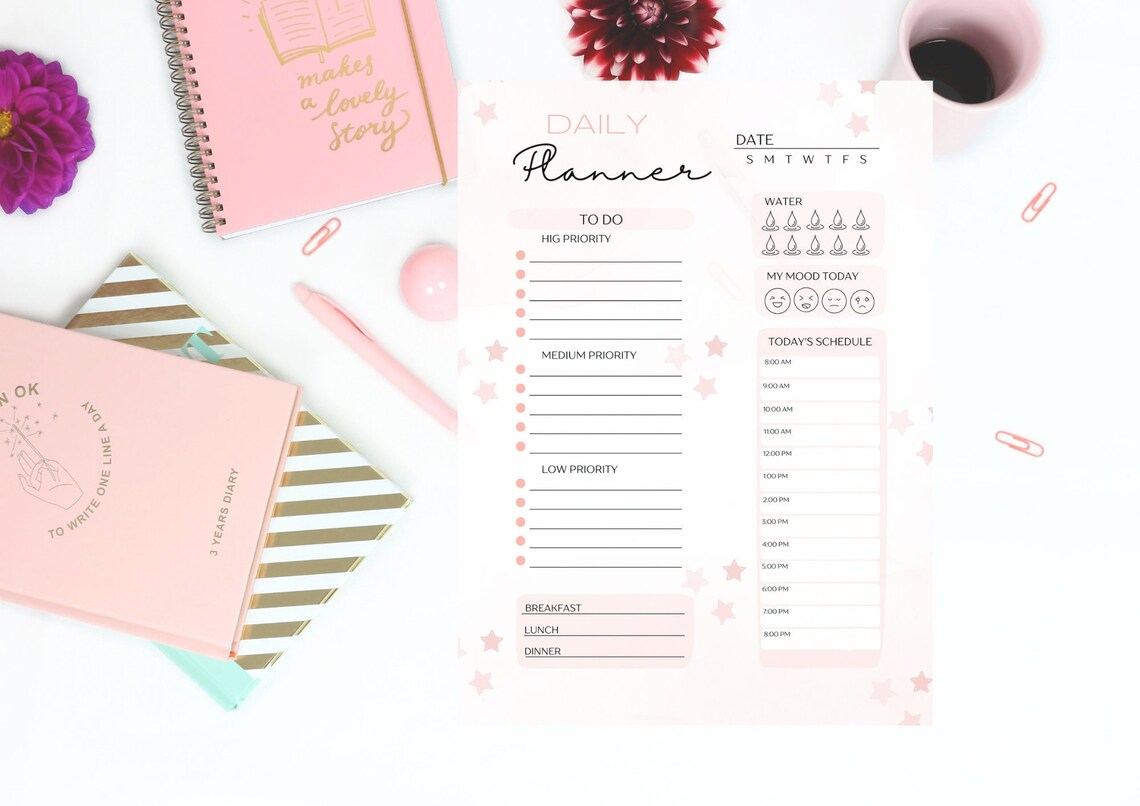 Daily Planner Printable | Schedule |to-do List | Mood | Meals | Instant ...