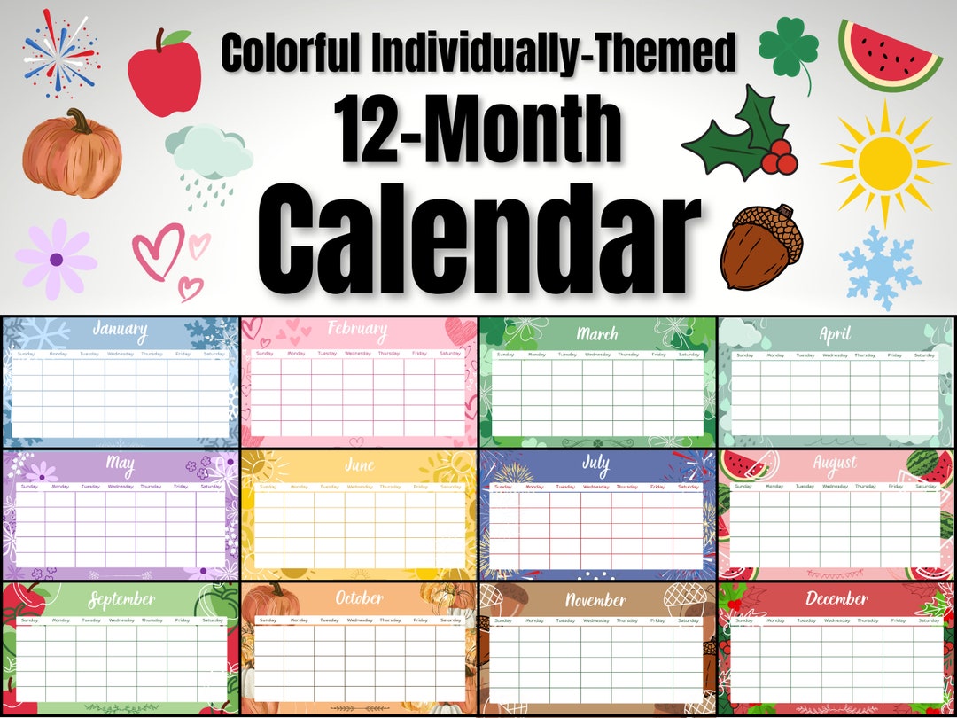 EDITABLE Colorful Individually-themed 12-month Calendar - Etsy Australia