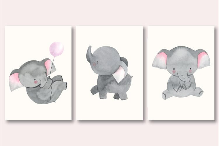 Three Elephant Prints Set of Three A4 and A3 Nursery Prints Cute Grey ...