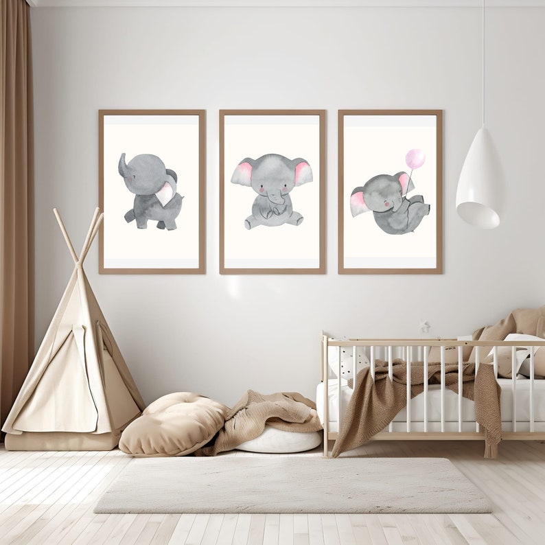 Three Elephant Prints Set of Three A4 and A3 Nursery Prints Cute Grey ...