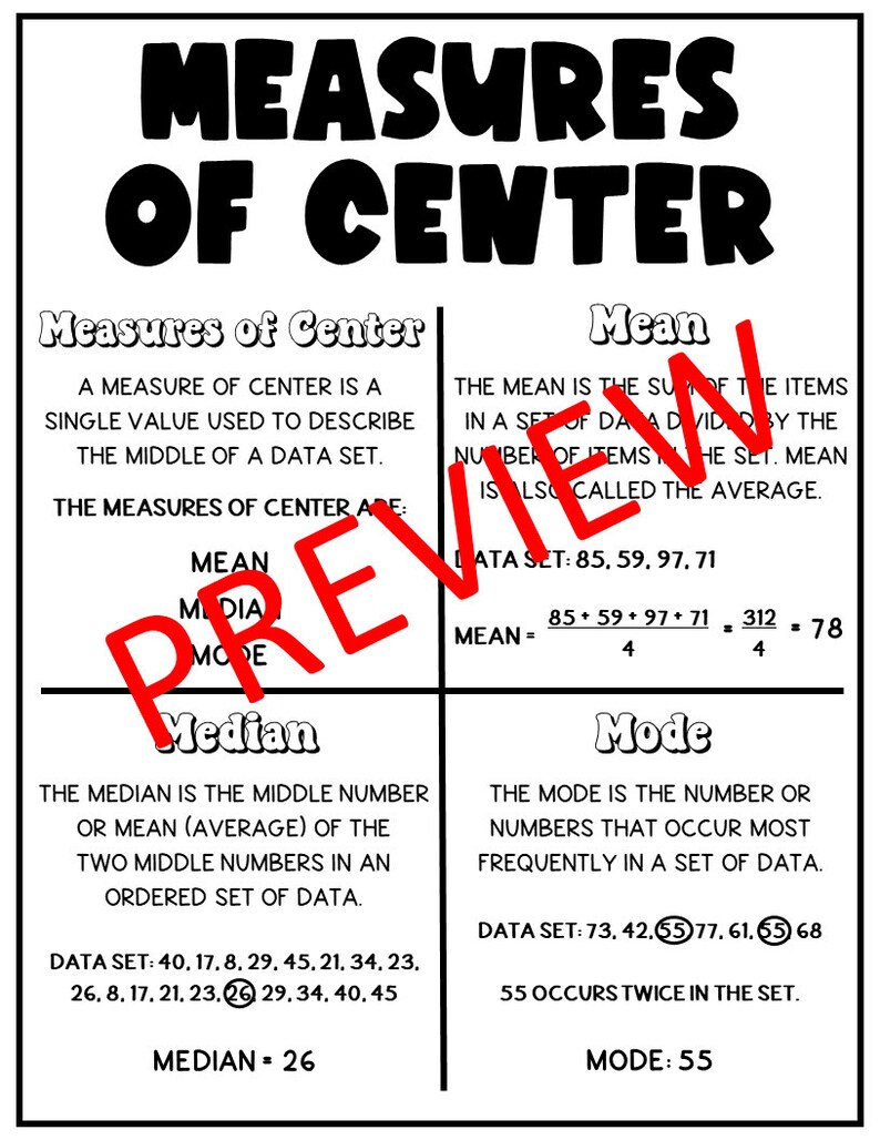 Measures of Center | Anchor Chart, Classroom Poster, Math Poster, Math ...