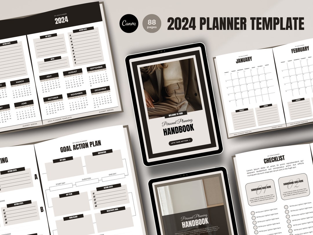AUDREY 2024 Planner Template for Canva. 2024 Monthly Calendar Template ...