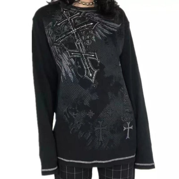 Y2k Dark Grey Crosses Long Sleeve Y2k Long Sleeve Y2k Cross - Etsy