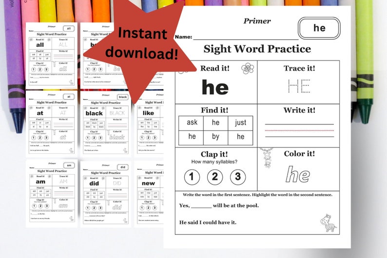 Dolch Sight Words Worksheets, Pre-k First Grade Primer Words Curriculum ...
