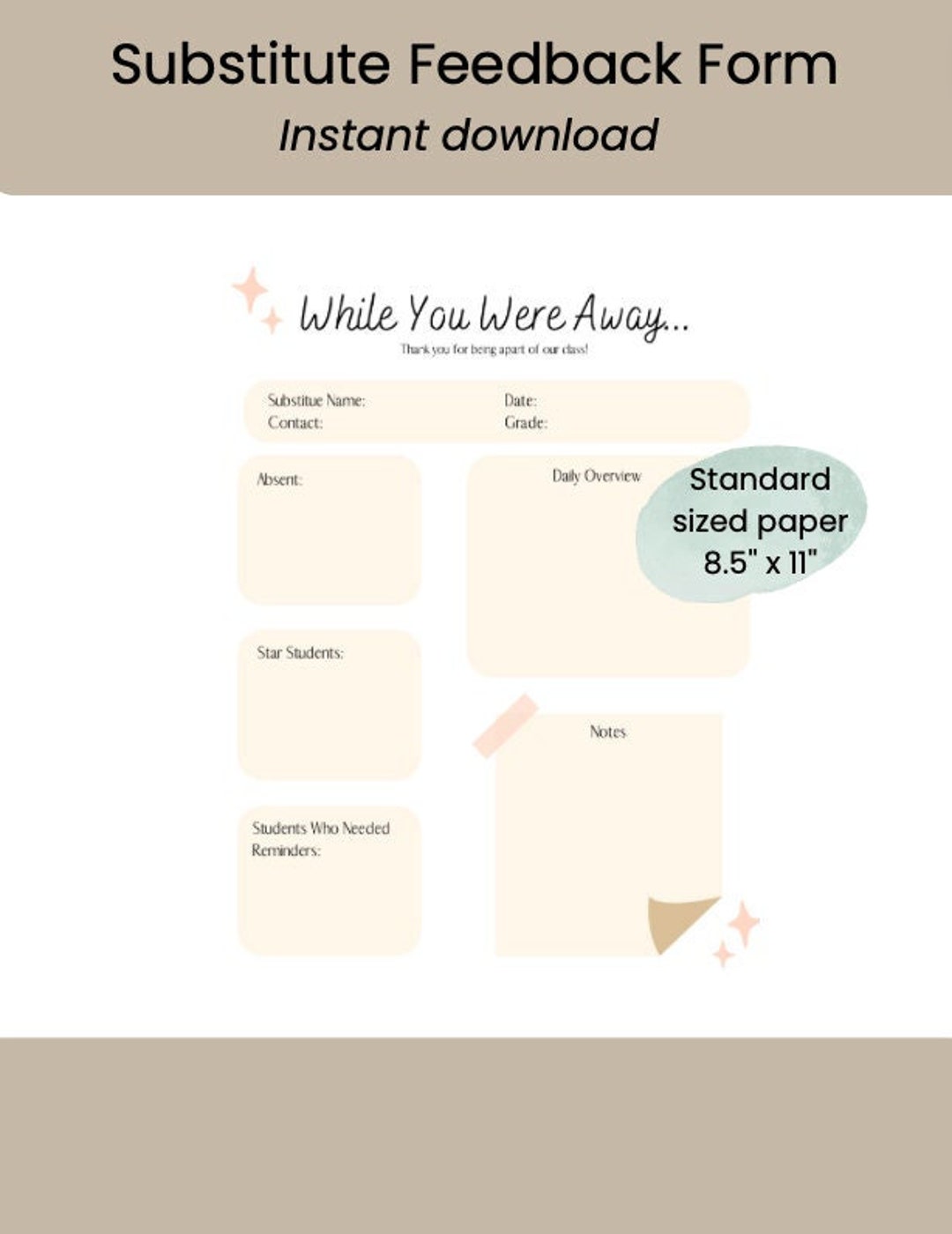 Substitute Teacher Note, Substitute Teacher Feedback Form, Substitute ...