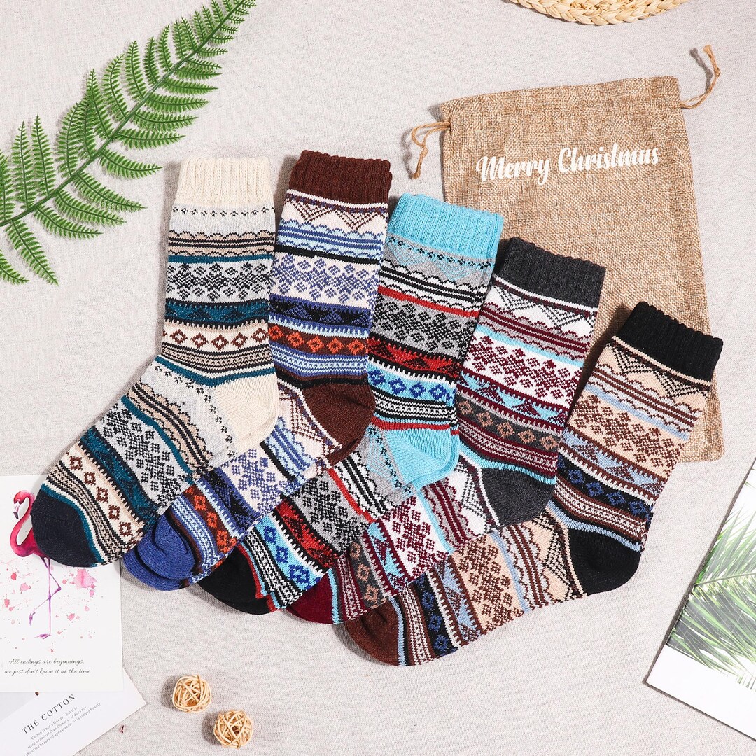 5 Pairs Nordic Winter Warm Wool Ethnic Style Socks, Cozy Winter Socks ...